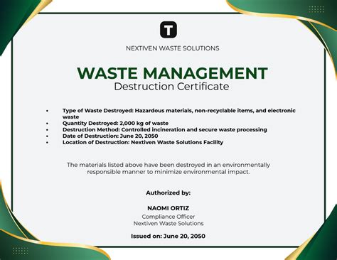 Certificate Of Disposal Template