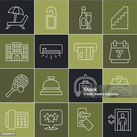 세트 라인 리프트 택시 자동차 호텔 예약 달력 유리가 있는 샴페인 병 에어컨 건물 선베드 우산 및 신용 카드 아이콘 벡터 0명에 대한 스톡 벡터 아트 및 기타 이미지