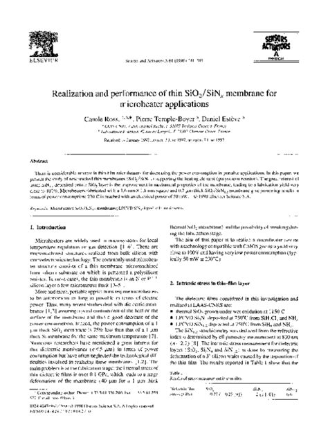 Pdf Realization And Performance Of Thin Sio2sinx Membrane For