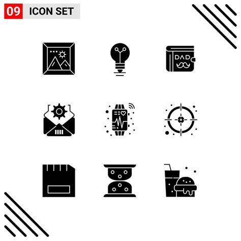 9 Universal Solid Glyphs Set For Web And Mobile Applications Watch Device Wallet Gear Mail