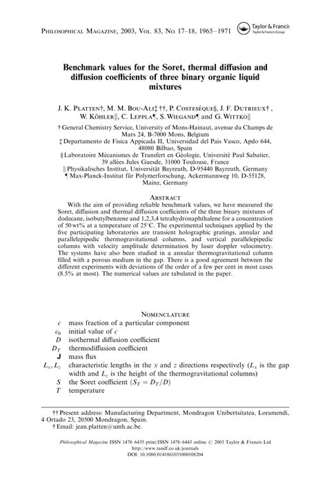 Pdf Benchmark Values For The Soret Thermal Diffusion And Diffusion Coefficients Of Three