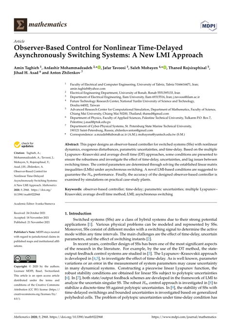 Pdf Observer Based Control For Nonlinear Time Delayed Asynchronously Switching Systems A New