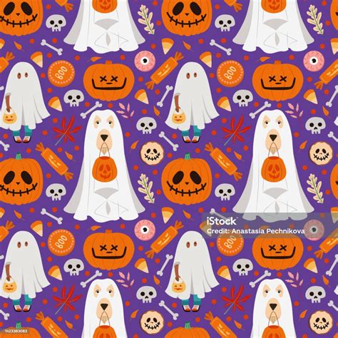 개와 소년 유령 의상과 할로윈 원활한 패턴 원활한 패턴을 트릭하거나 처리 배경 주제에 대한 스톡 벡터 아트 및 기타 이미지 배경 주제 사탕 의상 Istock