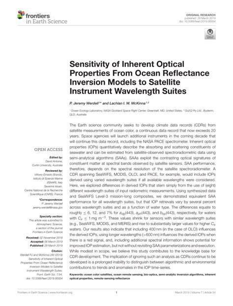 Pdf Sensitivity Of Inherent Optical Properties From Ocean Reflectance