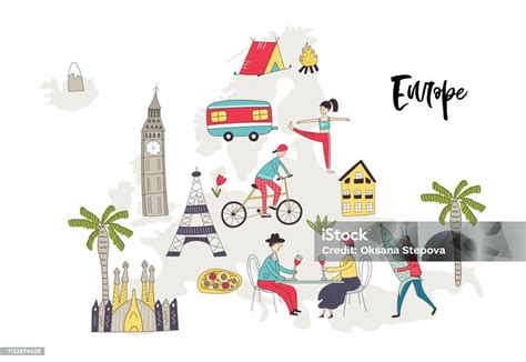 재미 손으로 그려진 문자 식물과 요소와 유럽의 그림 지도 만화 색 벡터 일러스트 가리기에 대한 스톡 벡터 아트 및 기타 이미지 가리기 개념 개념과 주제 Istock