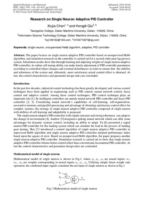 Research On Single Neuron Adaptive Pid Controller Scientificnet