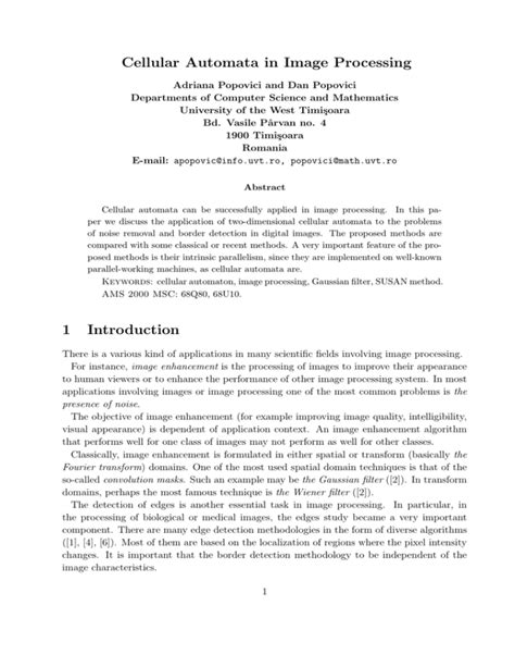 Cellular Automata In Image Processing 1 Introduction