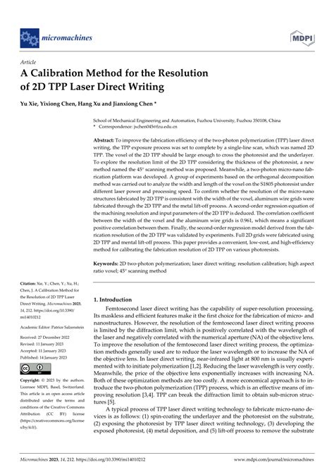 Pdf A Calibration Method For The Resolution Of 2d Tpp Laser Direct Writing