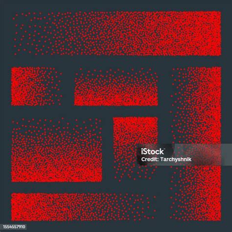 스티플 패턴 빨간색 점선 직사각형 디자인 요소 점묘 도트 워크 그리기 점을 사용한 음영 처리 픽셀 분해 무작위 하프톤 효과 백색 소음 거친 질감 벡터 그림 가리기에 대한