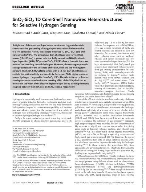 Pdf Sno2 Sio2 1d Core Shell Nanowires Heterostructures For Selective Hydrogen Sensing