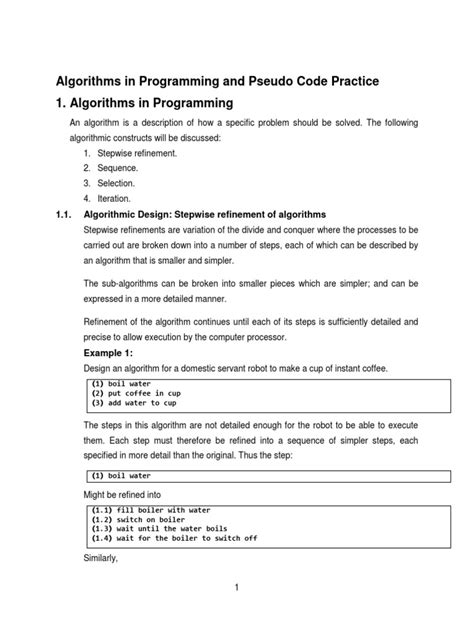 algorithms in programming and pseudo code practice readings pdf