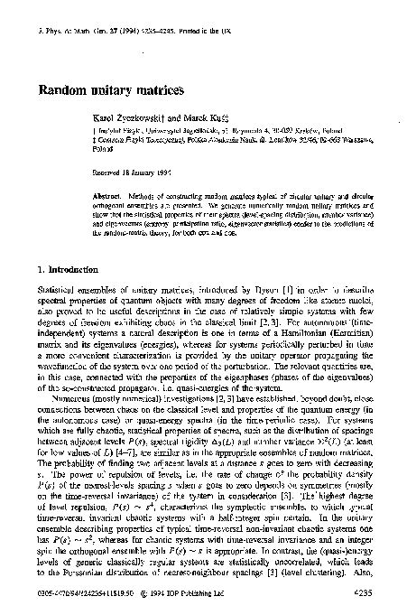 Pdf Random Unitary Matrices