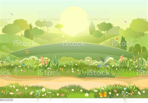 길 아름다운 숲풍경을 즐겁게 해주다 오솔길 만화 스타일 잎 잔디가 있는 언덕을 통과하는 길 시원한 로맨틱 한 아름다움 플랫 디자인 일러스트레이션 벡터 아트 만화에 대한 스톡