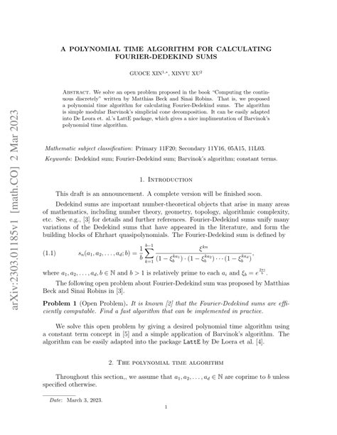 Pdf A Polynomial Time Algorithm For Calculating Fourier Dedekind Sums