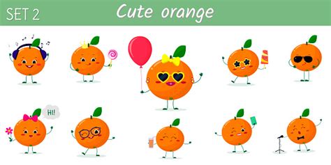 다른 포즈에 10 귀여운 오렌지 캐릭터와 만화 스타일에 액세서리의 집합입니다 과일에 대한 스톡 벡터 아트 및 기타 이미지
