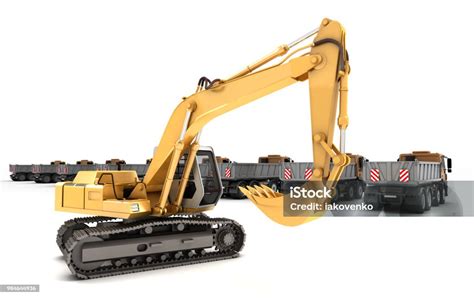 유압 굴 착 기 물통 전경색과 흰색 절연 하는 덤프 트럭에의 구성 3d 그림입니다 컷아웃에 대한 스톡 사진 및 기타 이미지 컷아웃 흙 파는 기계 개념 Istock