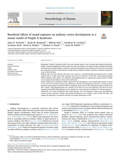 PDF Beneficial Effects Of Sound Exposure On Auditory Cortex Development In A Mouse Model Of