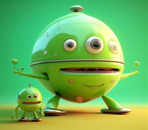 Premium Photo Cartoon Green Alien With Two Small Green Alien Figures