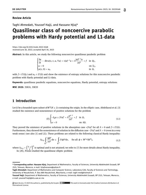 Pdf Quasilinear Class Of Noncoercive Parabolic Problems With Hardy Potential And L1 Data
