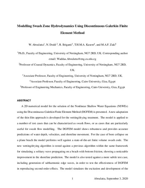 Pdf Modeling Swash Zone Hydrodynamics Using Discontinuous Galerkin Finite Element Method