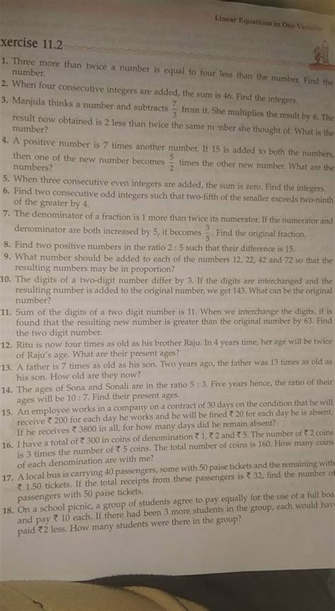 Linear Equations In One Variable Xercise 112 1 Three More Than Twice A