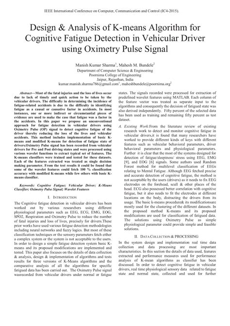 Pdf Design And Analysis Of K Means Algorithm For Cognitive Fatigue Detection In Vehicular Driver