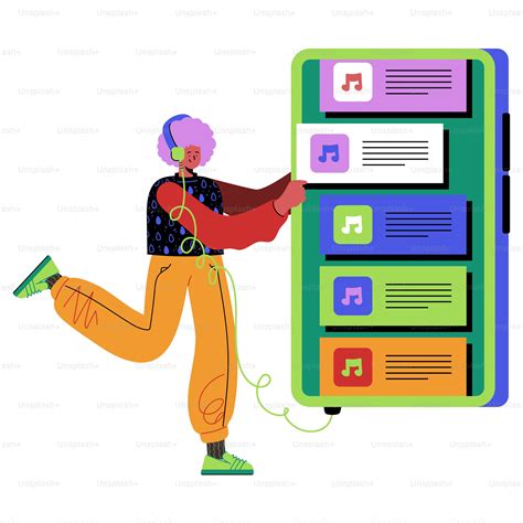 헤드폰과 헤드폰을 낀 사람이 음악이 있는 대형 화면 옆에 서 있습니다 벡터 Unsplash의 재생 이미지