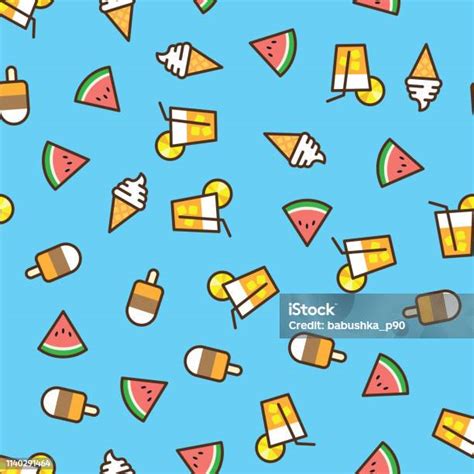 패턴 아이스크림 박 슬라이스 파란색 배경에 과일 칵테일 달콤한 수 박 아이스크림 및 칵테일에 완벽 한 패턴 배경 가지 식물