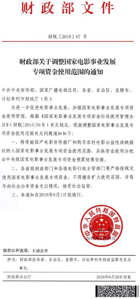 财税〔2018〕67号《财政部关于调整国家电影事业发展专项资金使用范围的通知》 规范性文件 郑州威驰外资企业服务中心