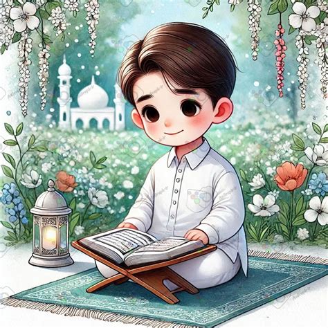 بک گراند کودکانه پسر نوجوان نشسته روی سجاده در حال خواندن قرآن در باغ