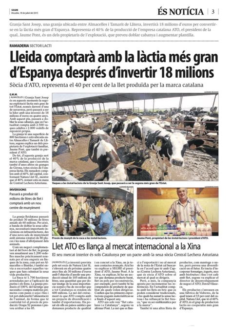 La Granja San José Una De Las 7 Granjas De Llet Ato Portada En El Diari Segre Editbcn