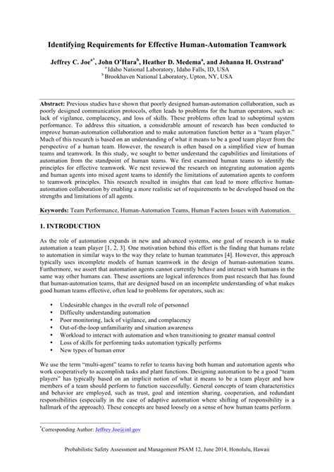 Pdf Identifying Requirements For Effective Human Automation Teamwork
