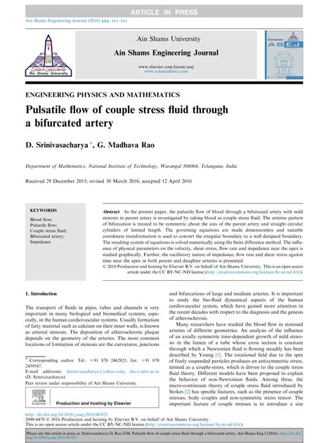 PDF Pulsatile Flow Of Couple Stress Fluid Through A Bifurcated Artery