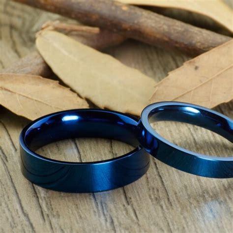Handmade Blue Flat Plain Matching Wedding Bands Couple Rings Etsy