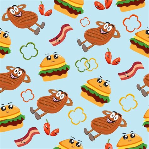 귀여운 정크 푸드 만화 원활한 패턴 프리미엄 벡터