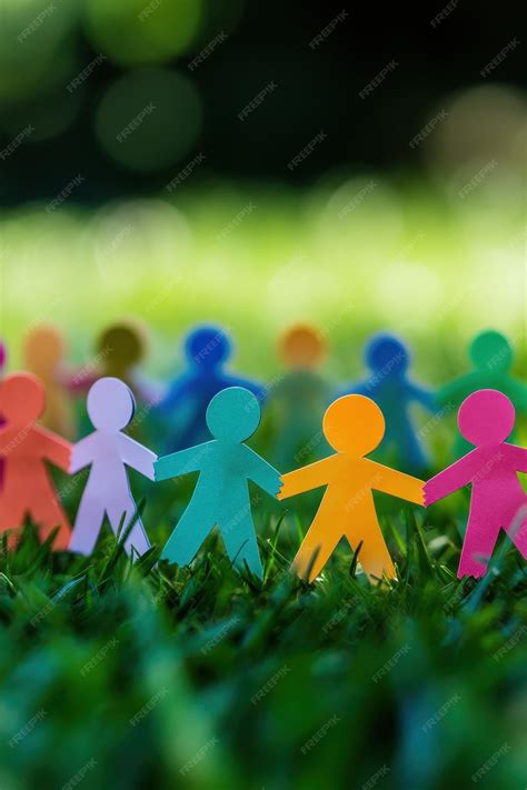 Colorful Paper Cutout Figures Holding Hands In A Circle On Green Grass