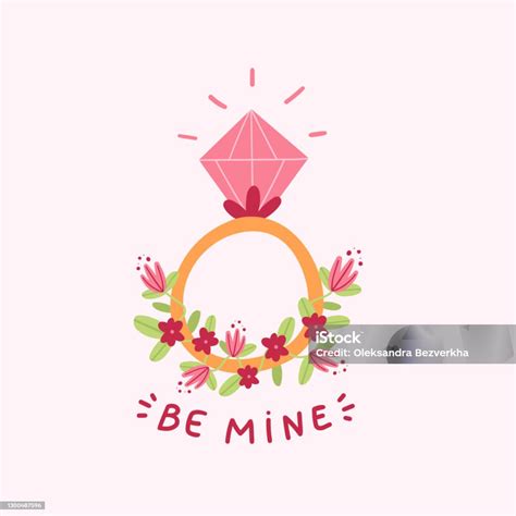 결혼 반지와 귀여운 낭만적 인 발렌타인 데이 카드 내 게 되라 핑크 다이아몬드와 결혼 반지 플랫 만화 벡터 일러스트레이션