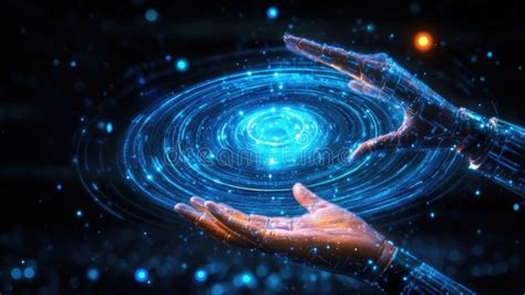 Futuristic Digital Interaction Robotic Hands And Glowing Data Swirls Stock Image Image Of