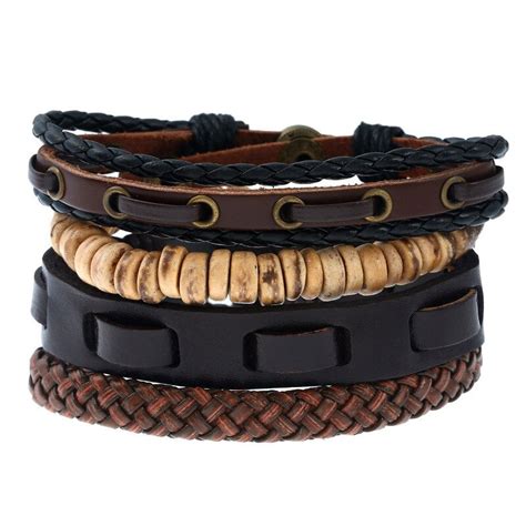 Bracelets Women Men Vintage Alloy Beaded Leather Bracelet Set Handmade