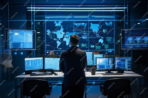 Premium Photo Back View Of Man Data Scientist Working On Personal