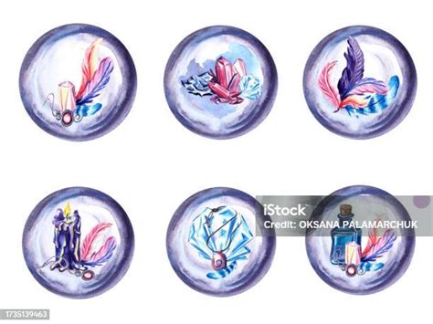 다양한 디자인의 보라색 마법 수정 구슬 세트 수채화 손으로 그린 그림은 흰색 배경에 디자인 초대장 장식 스티커 만들기 자수 구성표 직물에 인쇄합니다 0명에 대한 스톡 벡터