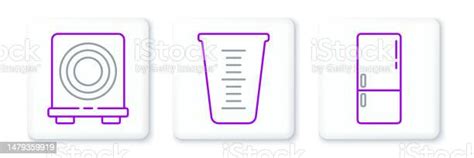 라인 냉장고 전기 스토브 및 계량 컵 아이콘을 설정합니다 벡터 가열장치에 대한 스톡 벡터 아트 및 기타 이미지 가열장치 가정 생활 가정 주방 Istock