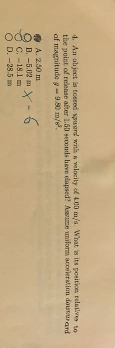 solved 4 an object is tossed upward with a velocity of 4 00