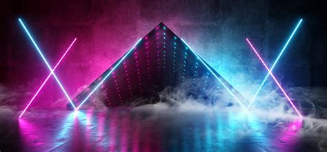 연기 안개 네온 빛나는 Led 레이저 가상 현실 착시 무한대 글로우 미러 상자 그런 지 콘크리트 반사 방 형광 활기찬 푸른 보라색 빛나는 조명 추상 갤러리 3d 렌더링 0