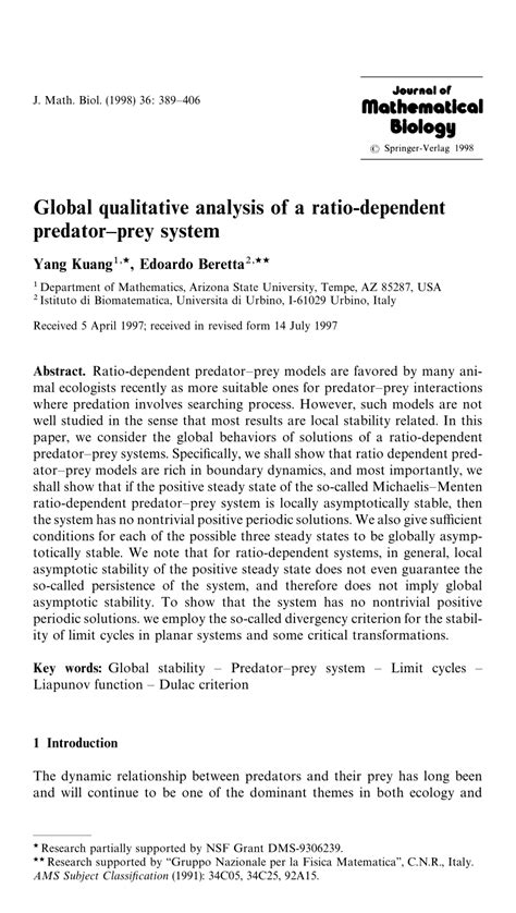 Pdf Global Qualitative Analysis Of A Ratio Dependent Predator Prey System