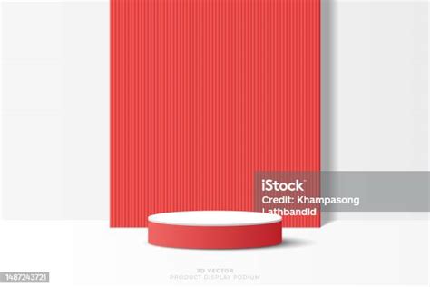 빨간색과 흰색 3d 실린더 연단은 직사각형 수직 모양을 배경으로 한 현대적인 스타일입니다 깨끗한 스튜디오 룸 제품 모형을 위한 최소한의 장면 벡터 렌더링 기하학적 형태 0
