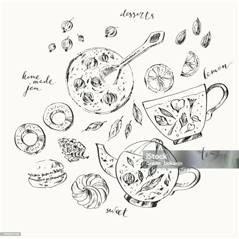 차와 디저트 잉크 그림입니다 베리 잼 마카롱 레몬 주전자 컵 잎 Marshmellow 빵 반지 벡터에 대한 스톡 벡터 아트 및 기타 이미지 Istock