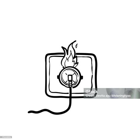 화재 배선 과부하로 인한 소켓 및 플러그 온 화재 전기 안전 개념 단락 전기 회로 깨진 전기 연결손으로 그린 낙서 스타일 벡터 격리 네트워크 연결 플러그에 대한 스톡 벡터