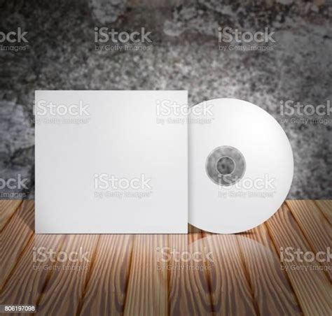 빈 흰색 Cd 커버 나무 테이블에 콘크리트 벽을 배경으로 모의 3d 그림입니다 시디롬에 대한 스톡 사진 및 기타 이미지 시디롬 콤팩트 디스크 가리기 Istock