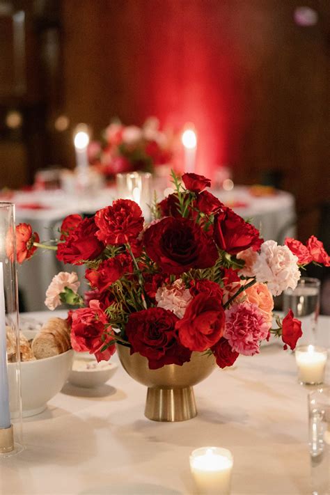 Moody Romantic Wedding Centerpiece With Red Roses Carnations